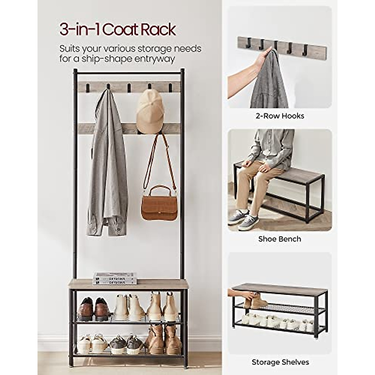 VASAGLE Coat Rack, Hall Tree with Shoe Storage Bench, Entryway Bench with Shoe Storage, 3-in-1, Steel Frame, for Entryway, 12.6 x 27.6 x 69.8 Inches, Industrial, Greige and Black UHSR41MB