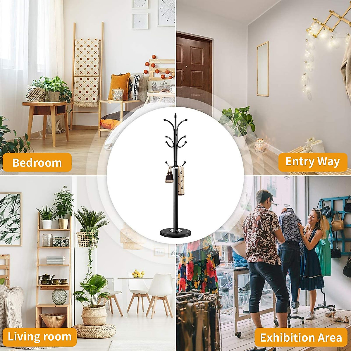 Tenkovic Metal Coat Rack Stand with Natural Marble Base, Coat Rack Freestanding, Sturdy Hall Tree with 12 Hooks for Hanging Clothes, Bags, Scarfs, Coat Hanger for Entryway, Hallway (Black)