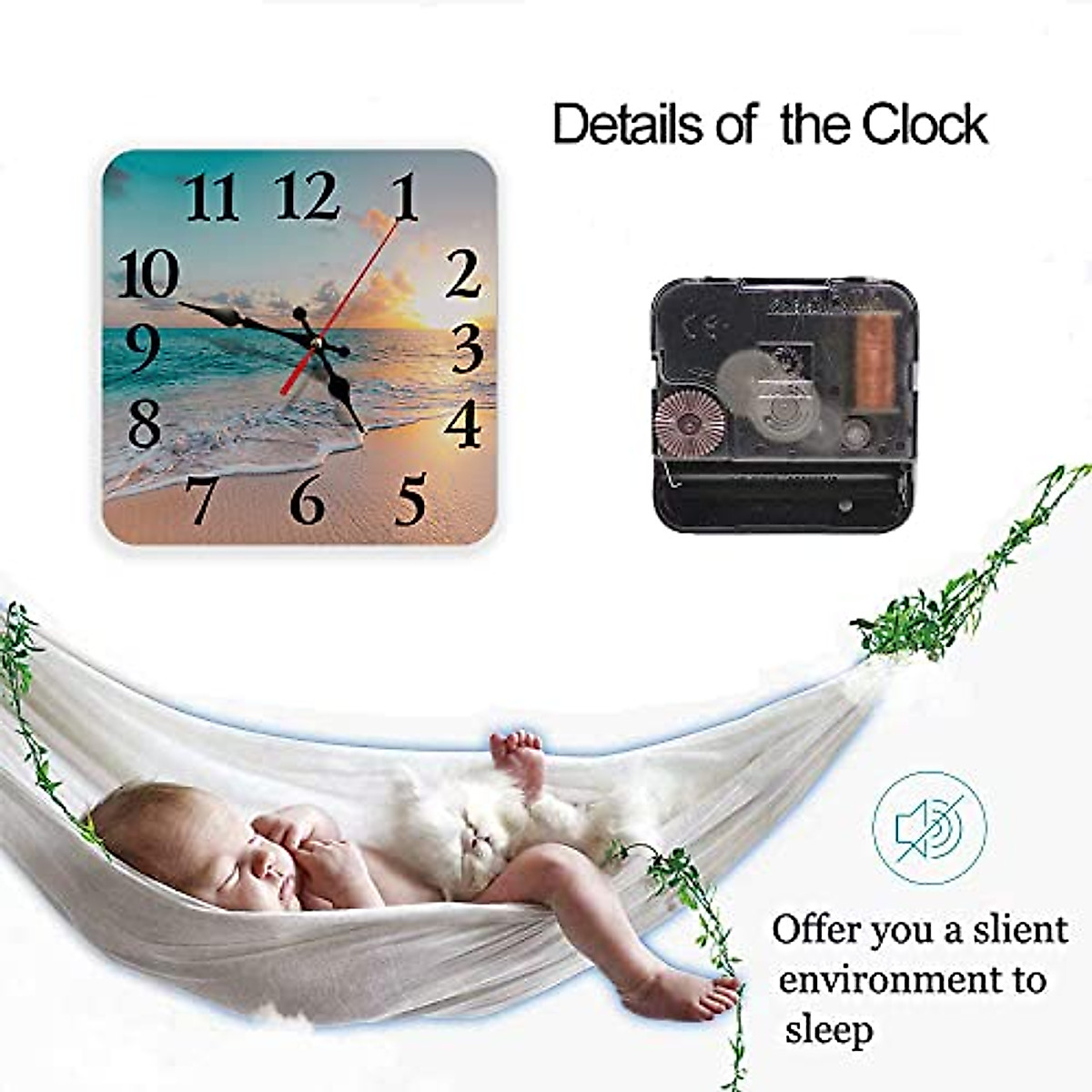 Wall Clock, Square Non-Ticking Silent Battery Operated Clock 12 Inch, Sea Beach Blue Sky Sand Home Decor for Living Room, Bathroom, Bedroom, Kitchen, Office or School