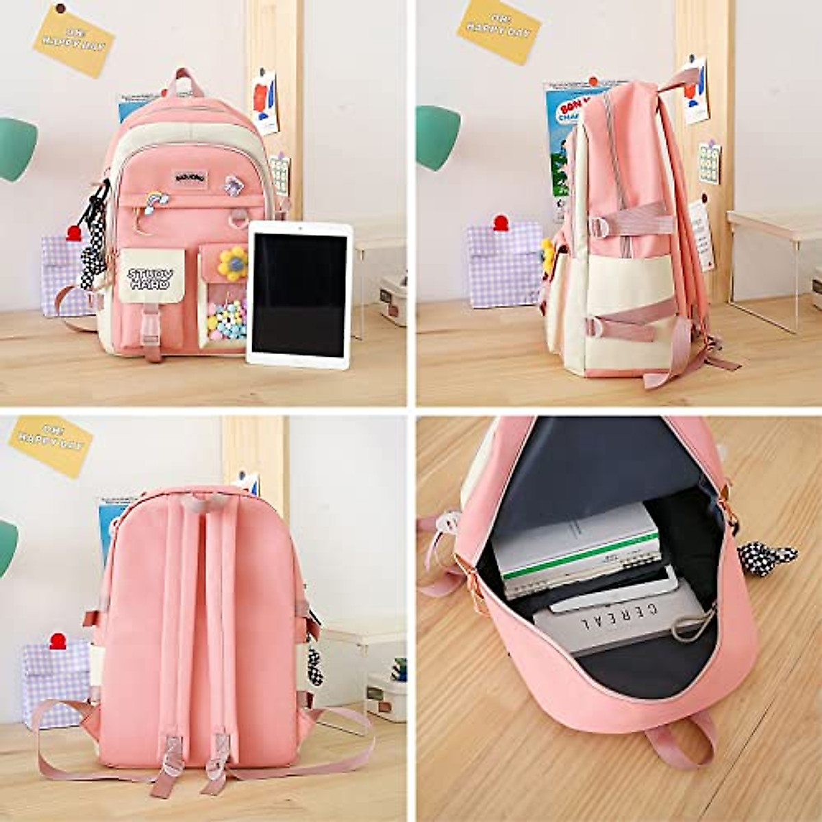 YGYCF Kawaii Backpack 5Pcs Set for Student with Cute Knot Accessories - School Bags for Teen Girls Back to School Supplies Essentials Aesthetic Bookbag, C Blue