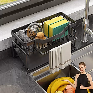 DMJWAN Kitchen Sink Caddy Organizer, 304 Stainless Steel Sponge Holder Sink Caddy with Auto Drain Tray, Holds Sponge, Dish Soap Dispenser, Cleaning Towel, Scrubber, and Utensils