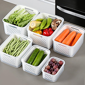 YIENOGO 4 Size Fruit Vegetable Storage Containers for Fridge with Colander and Lid Refrigerator Storage Containers Bins Organizer for Fruit Food Produce, White, YI-01F04