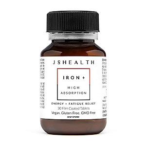 JSHealth Vitamins Iron+ Supplement for Energy Support - Iron Deficiency Pills with Vitamin C and Vitamin B12 - No Nausea or Constipation - (30 Tablets)