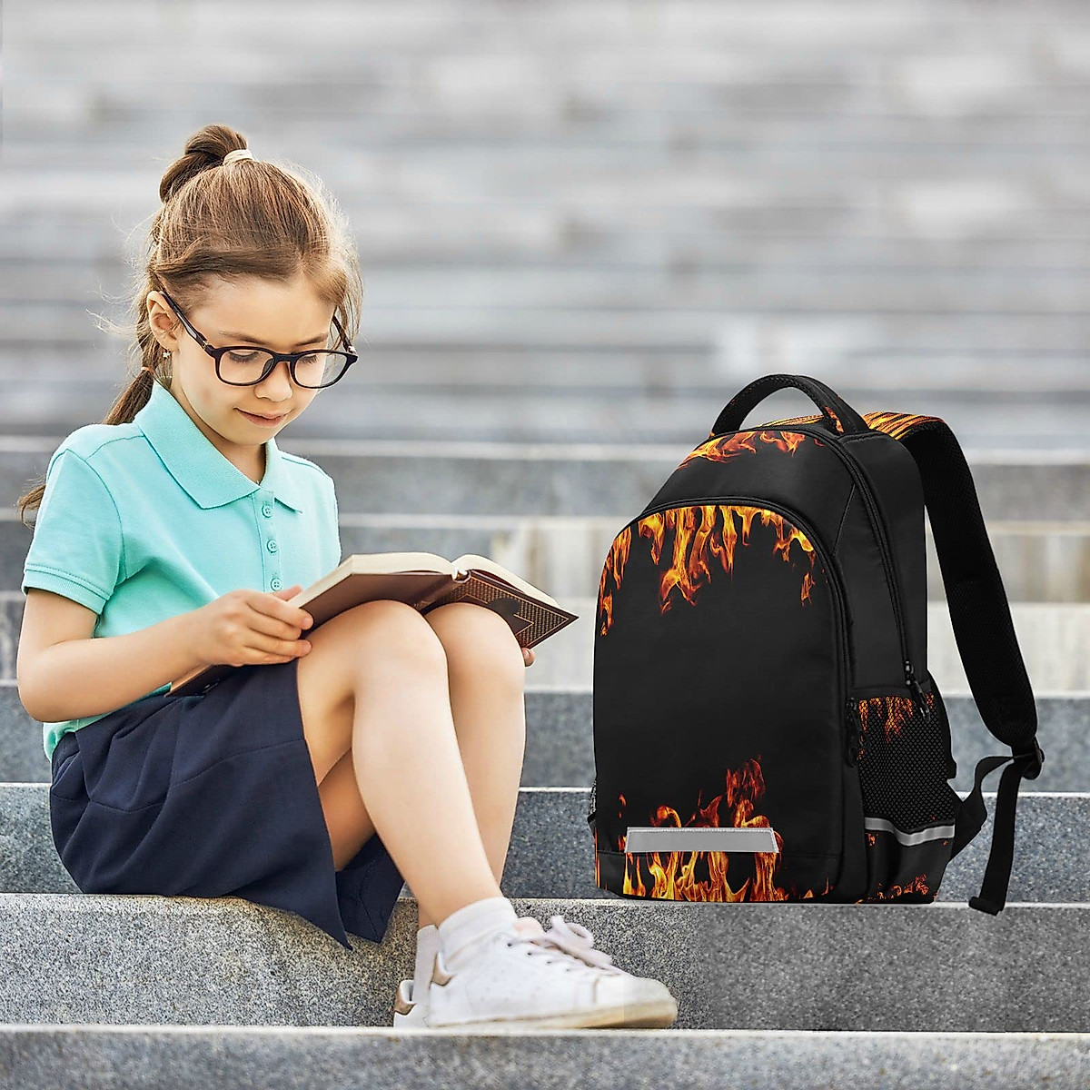 Fire Flames School Backpacks with Chest Strap for Teens Boys Girls,Lightweight Student Bookbags 17 Inch, Creative Unique Casual Daypack Schoolbags