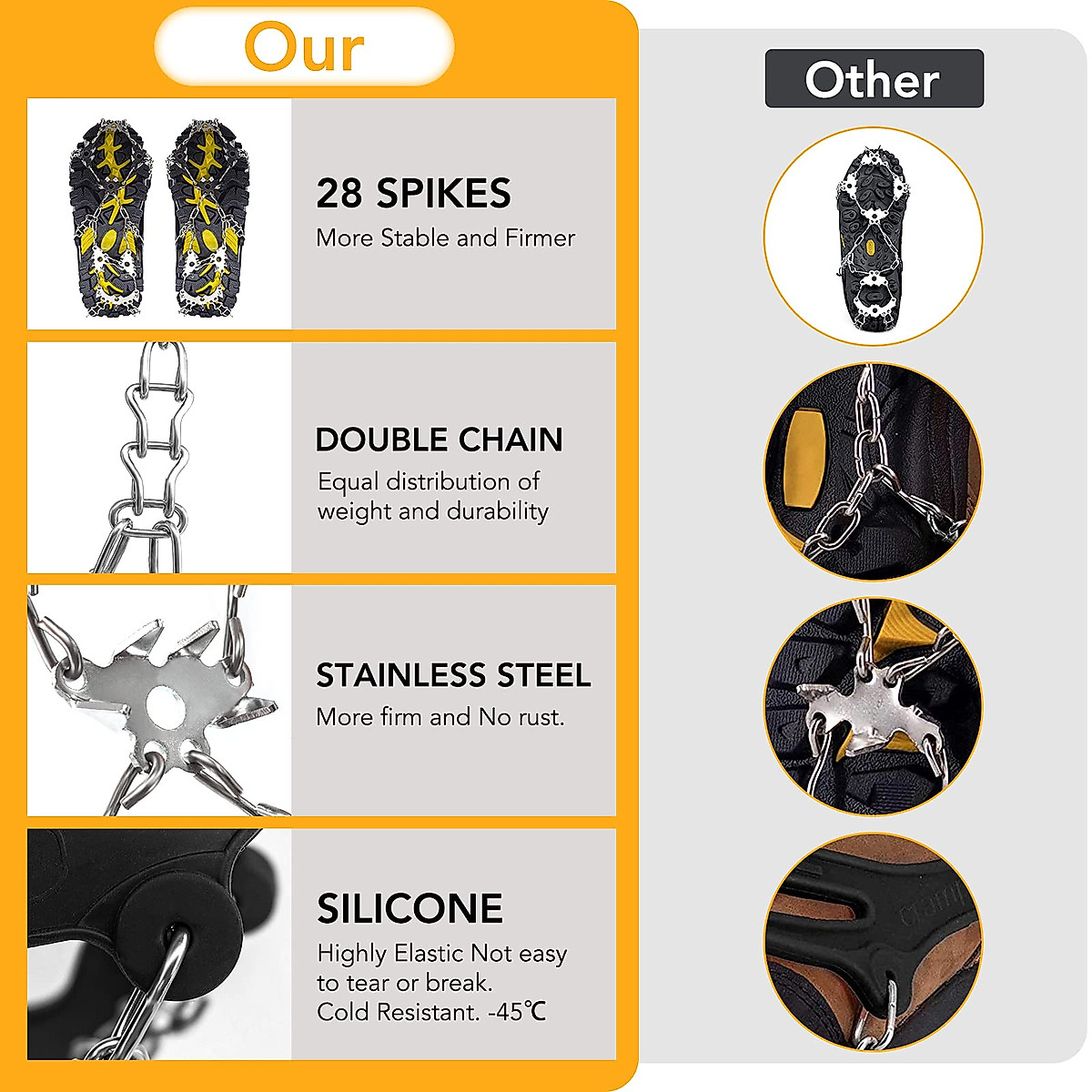 Crampons Ice Cleats Anti Slip Newest 28 Stainless Steel Spikes Suitable for All Boots Shoes Great Protect for Hiking Trekking Walking Jogging Climbing Mountaineering Fishing Men Women Kids(Black, L)