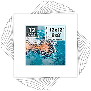 Mat Board Center, 12x12 White Mats for 8x8 Pictures - Acid Free, 4-ply Thickness, White Core, Bevel Cut - for Pictures, Photos, Framing - Pack of 12