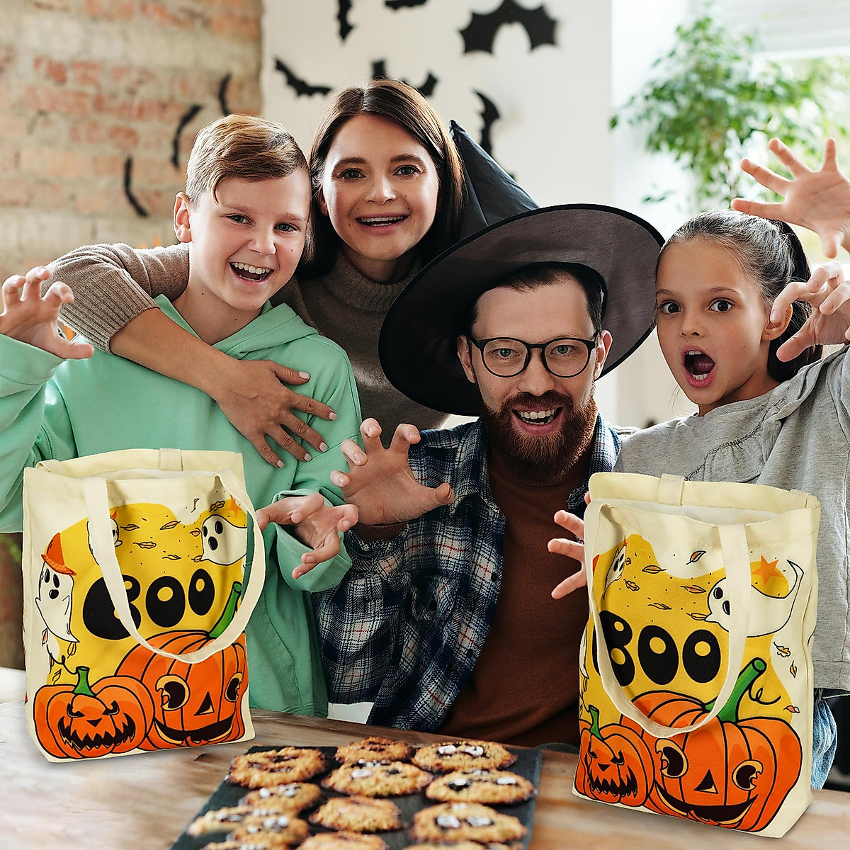 ATFUNSHOP Trick or Treat Bags Halloween Bags 13.8X13.8'' Pumpkins Ghost Boo Bag Canvas Reusable Large Tote Bucket for Kids