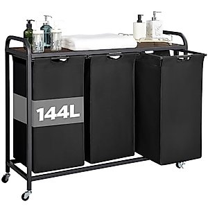 Lineware Laundry Hamper, Laundry Basket 3 Section, 3 × 12.7 Gal (144L), Laundry Sorter with Top Shelf, Upgrade larger Rolling Laundry Basket with 3 Pull-Out Organizer Bags and Wheels (B-BLACK)