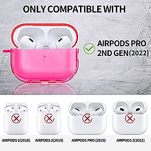 AIRSPO Airpods Pro 2nd Generation Case Cover, Clear Soft TPU Protective Cover Compatible with Apple AirPods Pro 2 Wireless Charging Case with Keychain and Lanyard (Neon Hot Pink)