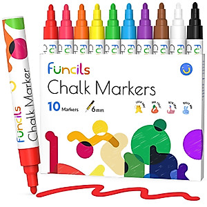 Funcils Liquid Chalk Markers for Chalkboard Signs, Blackboard, Window, Labels, Bistro, Glass, Car (10 Pack, 6mm) - Wet Wipe Erasable Ink Chalk Board Markers, Reversible Tip Liquid Chalk Pens