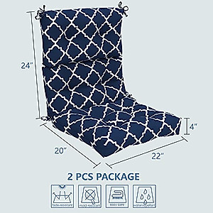 LVTXIII Outdoor Seat/Back Chair Cushion Patio Tufted High Back Cushion, Seasonal Replacement Rocking Chair Cushion with Ties (22” W x 20D”, Set of 2, Geomentry Navy)