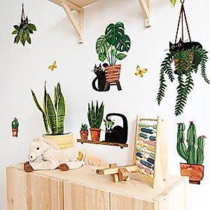 Yovkky Black Cats Potted Plant Wall Decals Stickers, Cartoon Kitty Botanical Bonsai Nursery Playroom Decor, Cactus Kids Bedroom Home Classroom Living Room Kitchen Decorations Art