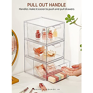 Syntus 3 Piece Set Stackable Makeup Organizer Drawers, 4.4'' Tall Bathroom Storage Drawer, Large Capacity Plastic Cosmetics Storage Box for Vanity, Kitchen Cabinets, Pantry Organization