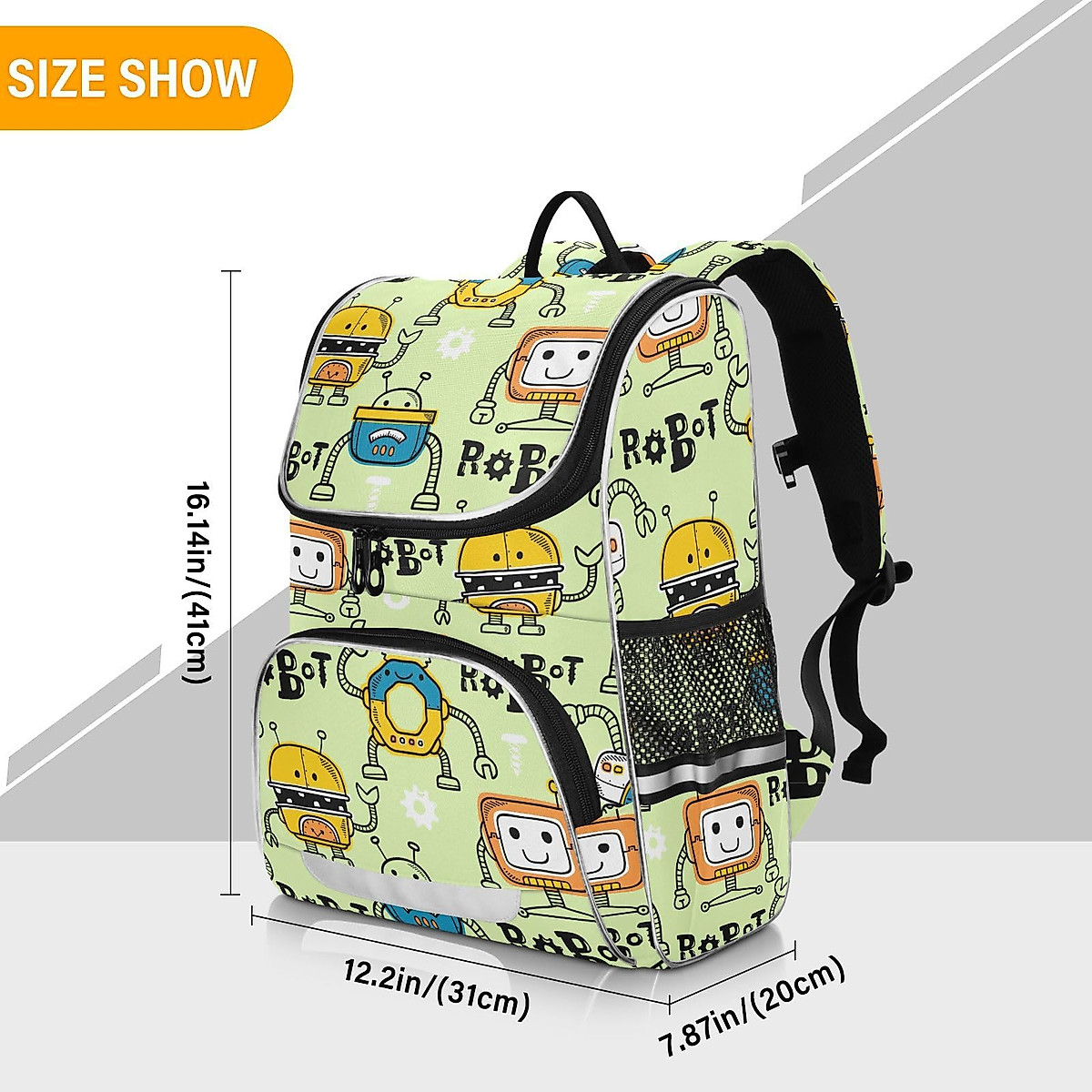 JULYTO Kids Backpack for Boys Girls with Reflective Stripes 17 inch Robots Cartoon Backpack for School Funny Theme School Bag Elementary Student Bookbag Daypack for Travel Hiking