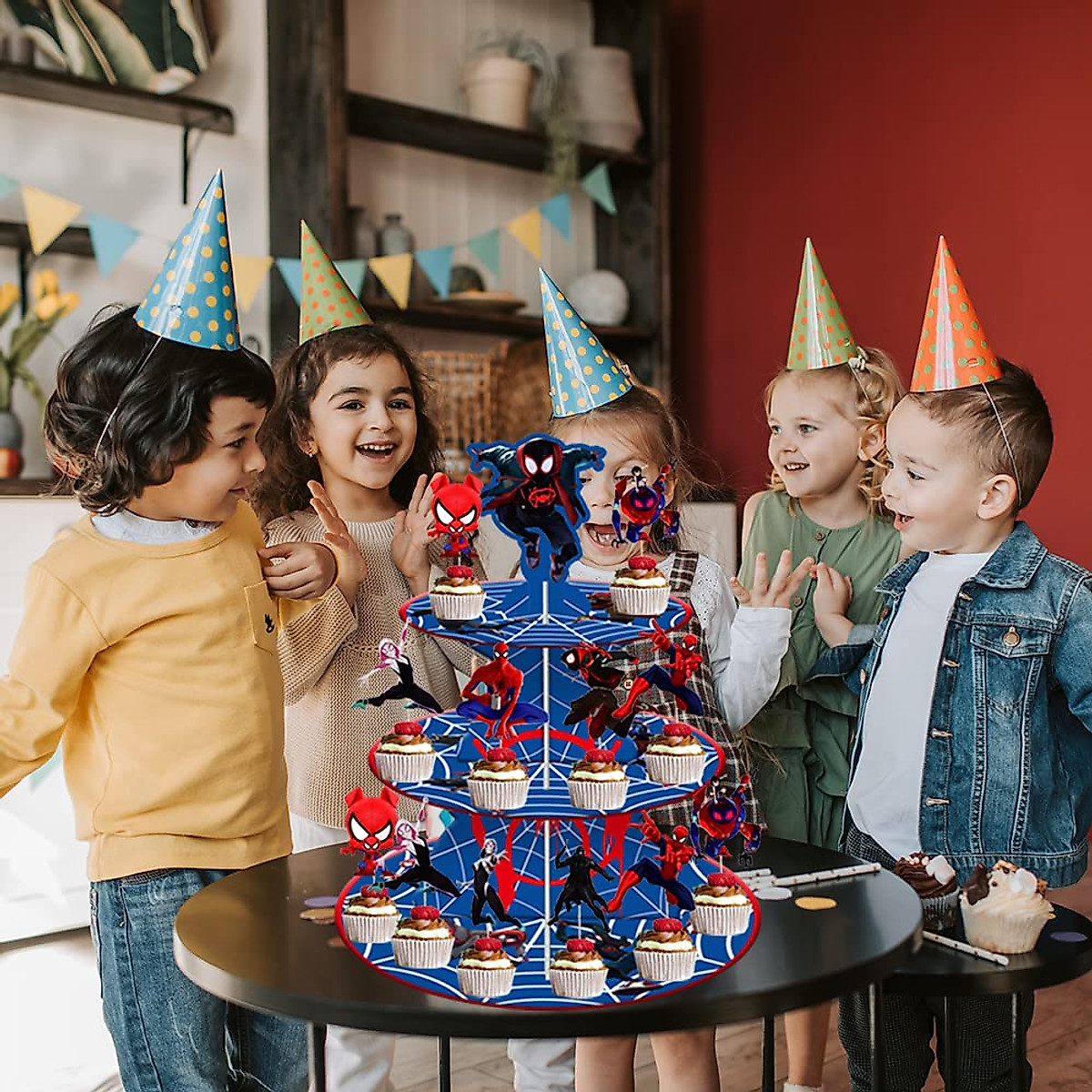 Miles Morales 3 Tier Cardboard Cupcake Stand Spider Hero Treat Stand Cupcake Holder Spidey Themed Party Decorations Supplies for Kids Fans Birthday Party