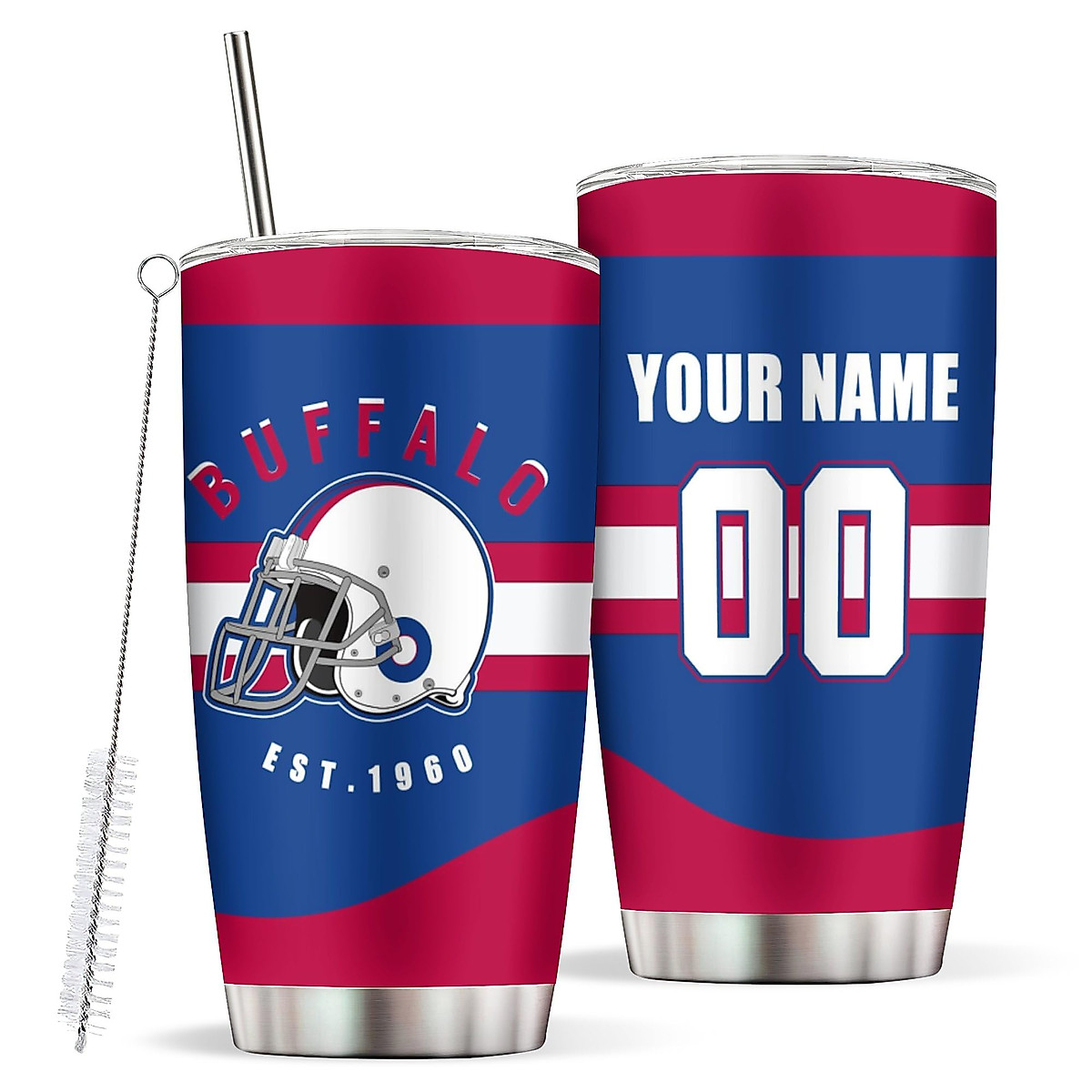 Custom Buffalo Tumbler 20oz Stainless Steel with Lid & Straw Personalized Football Fans Gifts for Women Men Coffee Travel Insulated Mug Cup Add Name Number
