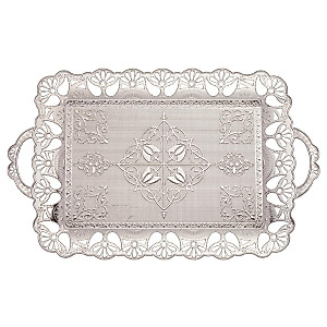 Alisveristime Handcrafted Large Turkish Ottoman Serving Tray with Floral Edges and Handles, Made from Zamac, Multi-Color Options (18.9" L x 12" W x 0.78" H) (Silver)