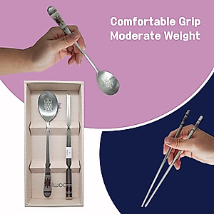 BALWOO [Made in Korea] Hologram Turtle Design Korean Table Sticky Rice Spoon and Chopsticks 304 Stainless Steel Flat Chopsticks Matt Surface Mukbang Cutlery (Red)