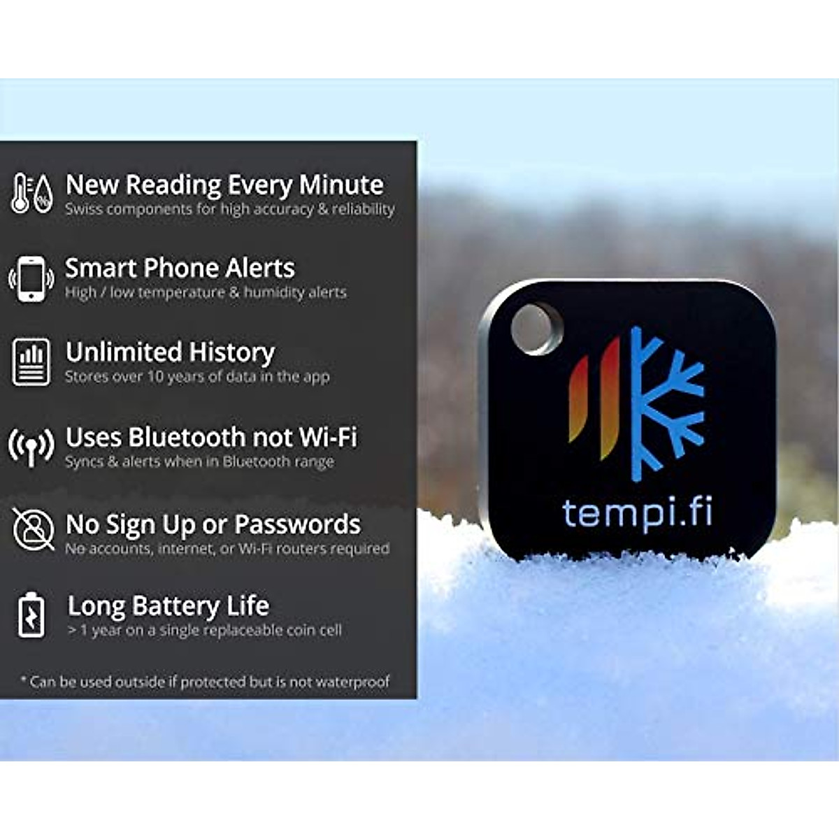 tempi.fi Mini Wireless Temperature and Humidity Sensor - Developed in The USA - 24/7 Data Logger with Alarm – Bluetooth Smart Thermometer and Hygrometer - Monitor Refrigerator Freezer Pets (T3)