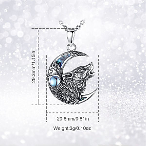 Vito Sterling Silver Wolf Moon Necklace for Women Men, Viking Wolf Moonstone Crescent Pendant Abalone Oxidized Jewelry Gifts, 18 Inch Chain