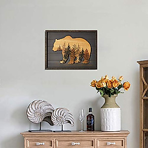 NIKKY HOME Cute Bear in The Forest Woodland Decorative Wood Framed Wall Art Prints Cabin Decor, 16" x 12", Dark Slate Grey