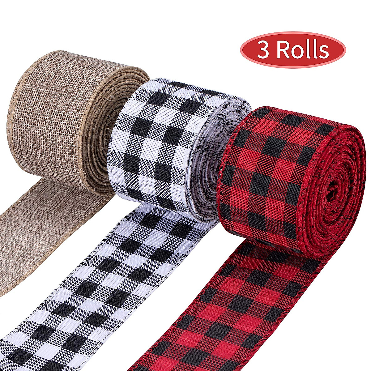 3 Rolls Wired Plaid Ribbons,3x10 Yards,2 Inch Black Red Plaid Ribbon,Black White Buffalo Plaid Ribbon and Burlap Craft Ribbon for DIY Gift Wrapping, Holiday Decorations