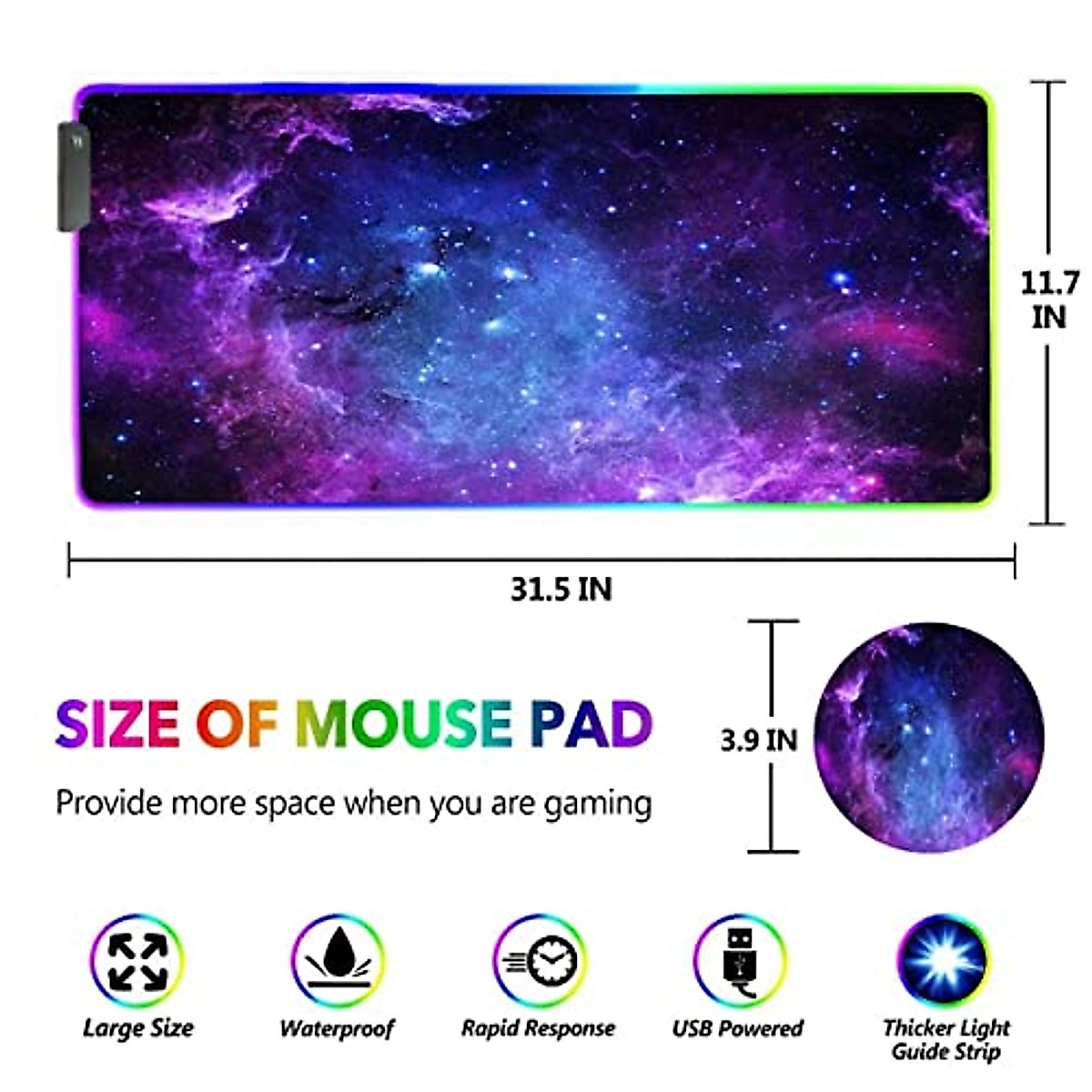 DINKY RGB Gaming Mouse Pad, Large Extended Soft Led Mouse Pad with 14 Lighting Modes, Water Resist Keyboard Pad, Computer Keyboard Mousepads Mat 31.4×11.8 inches- Purple Nebula