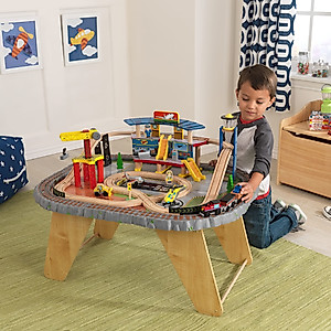 KidKraft Transportation Station Wooden Train Set and Table with Airport, Helicopter, 58 Pieces Included, Gift for Ages 3+
