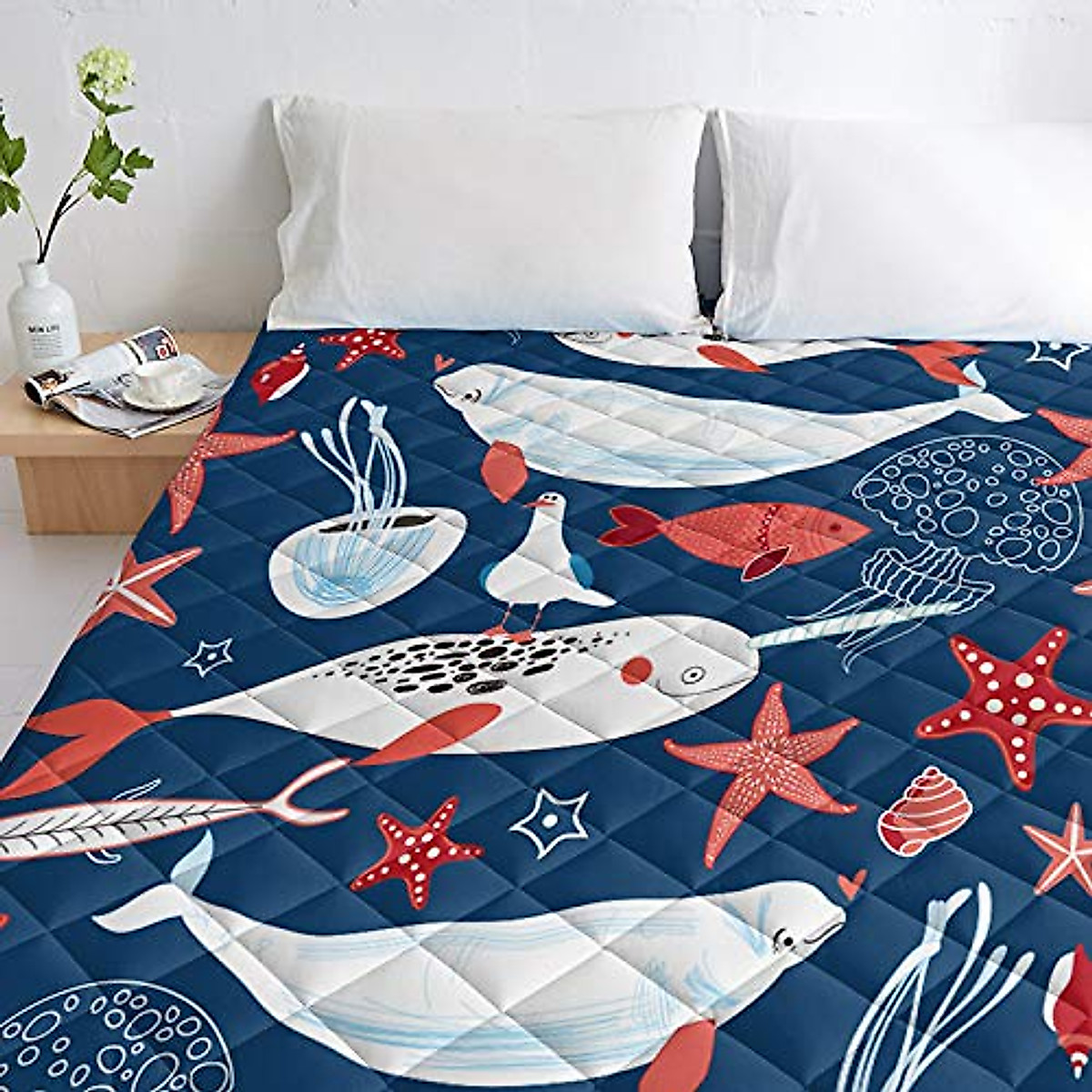 Cool Summer Bedspread Quilt Submarine Fauna Narwhal Sea Star Jellyfish All-Season Comforter Duvet Insert or Stand-Alone Comforter, Comfortable Air Conditioning Bed/Sofa Blanket for Adults Kids 82x85in