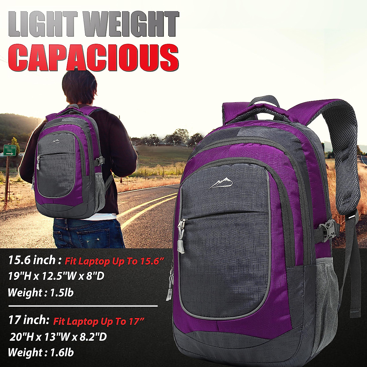 Backpack Bookbag for School College Student Sturdy Travel Business Hiking Fit Laptop Up to 15.6 Inch Multi Compartment Gifts for Men Women Night Light Reflective (Purple A)