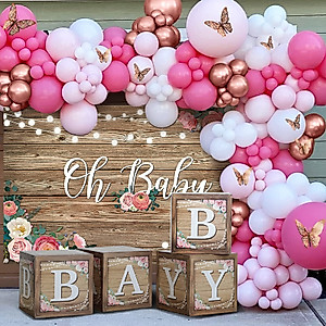 RUBFAC Rustic Floral Brown Baby Boxes with Letters for Baby Shower, 4pcs Baby Shower Decorations for Girls Baby Blocks Birthday Party Gender Reveal Photo Props for Girl Boy