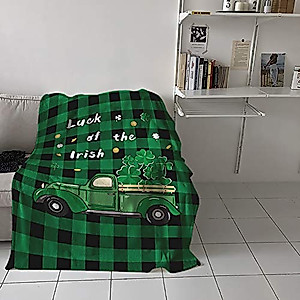 St. Patrick's Day Blankets Truck with Green Shamrock Throw Blankets Soft Lightweight Flannel Blanket Cozy Gold Coin Green Buffalo Check Plaid Blanket for Home Spring Holiday Decoration 40x50inch