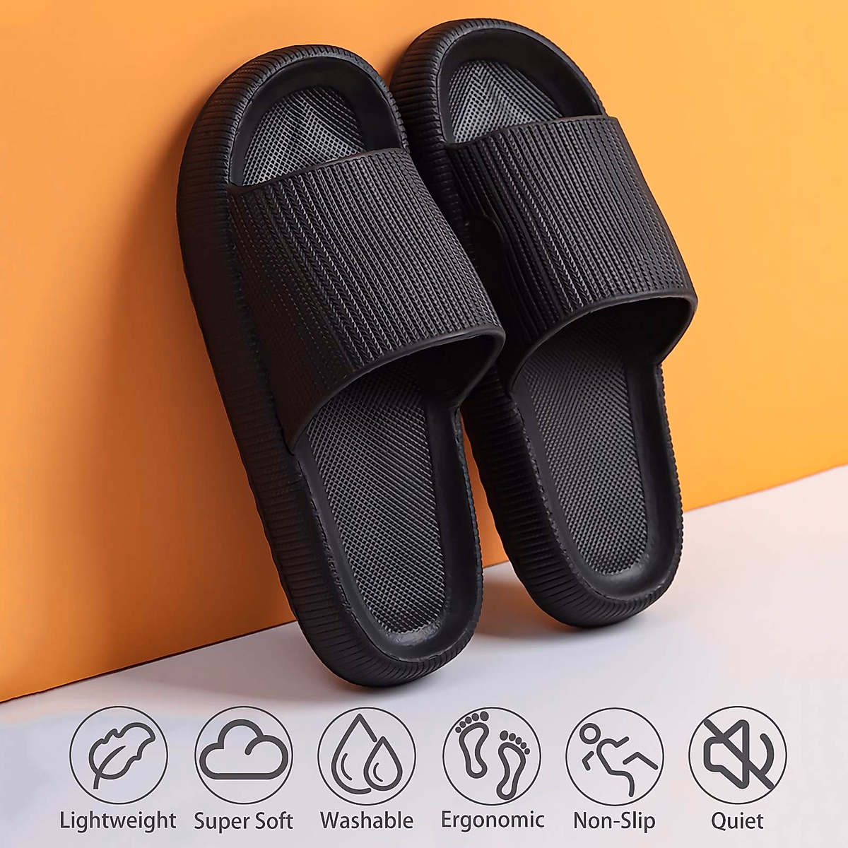 rosyclo Cloud Slides Slippers for Women and Men, Pillow Shower Bathroom Non-Slip Open Toe Super Soft Comfy Home House Cloud Cushion Slide Sandals for Indoor & Outdoor Shoes, Black