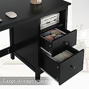 Vikiullf Writing Desk with Storage Cabinet - 47.2” Black Modern Wood Home Office Computer Desk with 2 File Drawers & Open Shelf Study Table for Teens