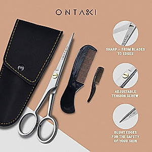 ONTAKI 5" Professional German Steel Beard & Mustache Barber Scissors - 2 Comb & Carrying Pouch - Hand Forged With Bevel Edge For men - Men’s Facial Hair Grooming Kit Body or Facial Hair (Silver)