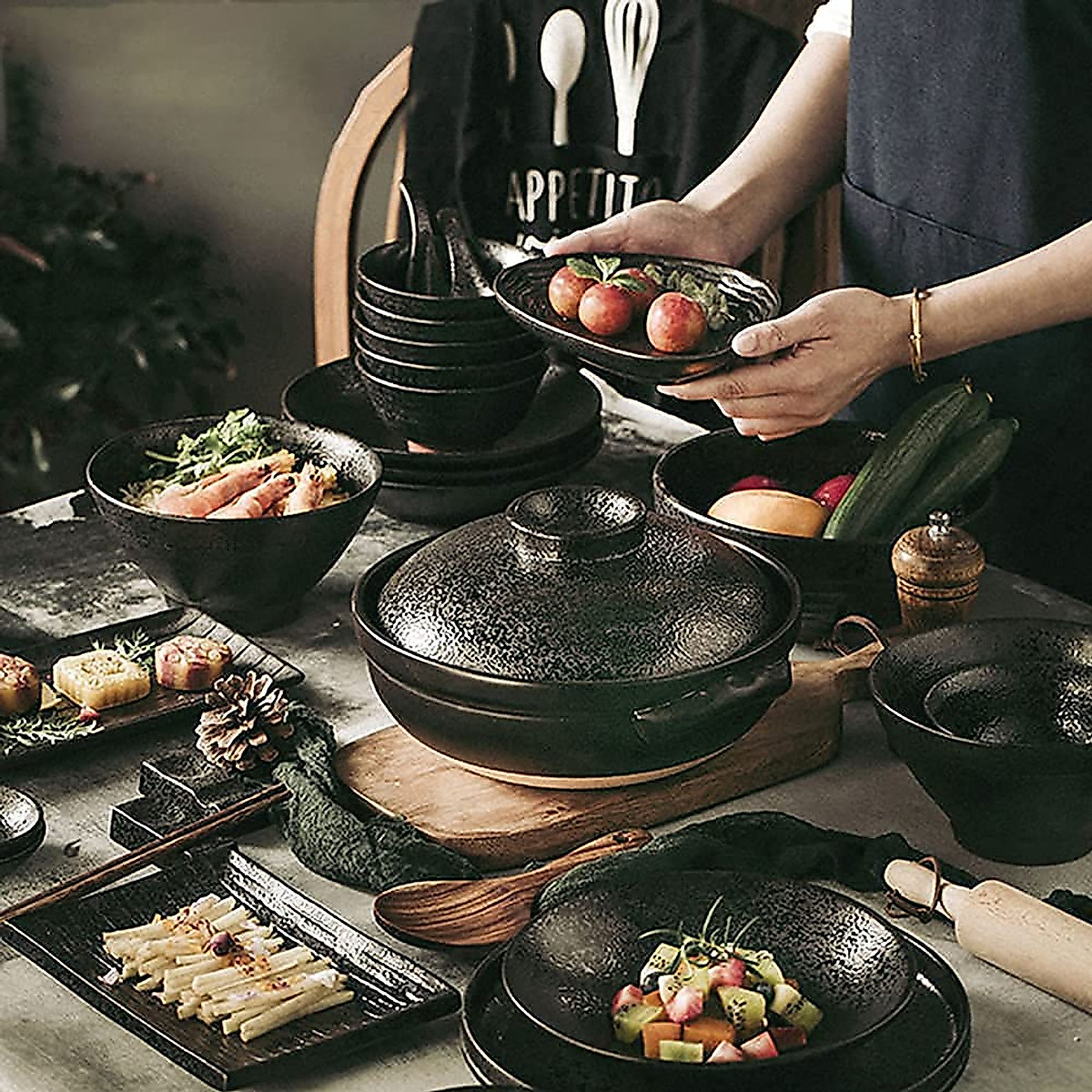 GagalU Plate Set –Kitchen Tableware Set,Ceramics Dinnerware Sets, Plates and Bowls Sets | 66 Pcs Kiln Change Dishes Set - Black Dinner Plates/Steak and Plate