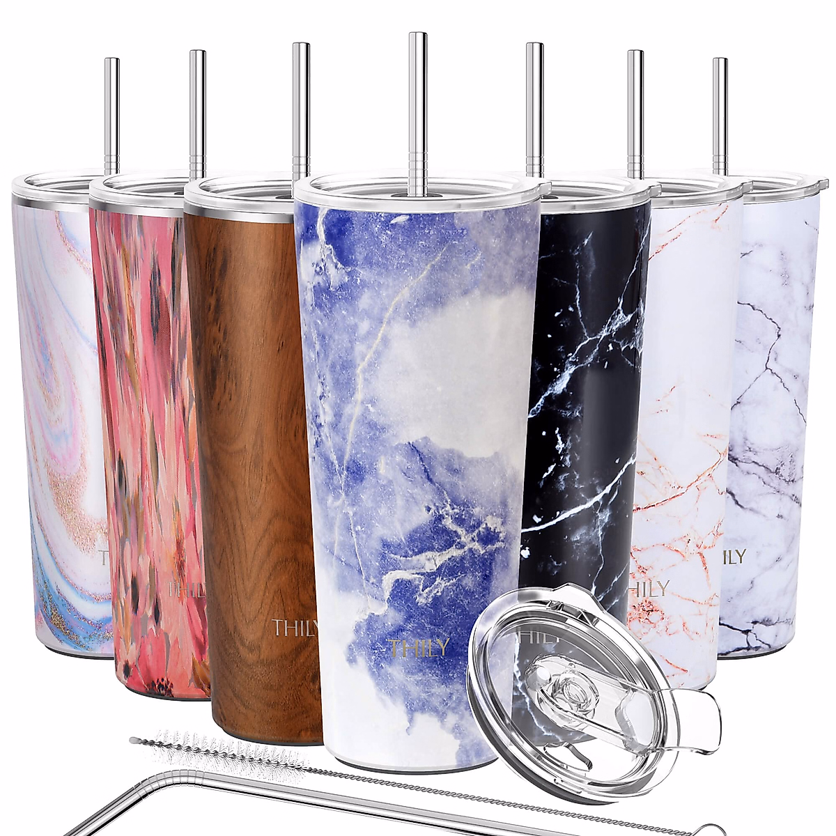 THILY Stainless Steel Vacuum Insulated Tumbler Travel Mug 26 oz Coffee Cup with 2 Lids and Straws, Splash Proof, Keep Ice Drinks Cold, Blue Marble