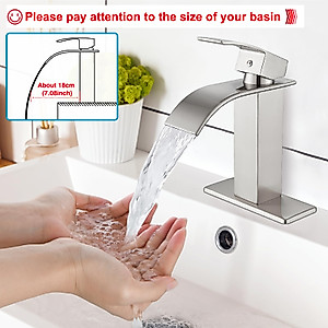 Midanya Waterfall Spout Bathroom Faucet Single Handle 1 Hole Bathroom Sink Faucet,Modern RV Lavatory Vanity Basin Faucet with 6 Inch Deck Plate for 1 or 3 Hole and Water Hose,Brushed Nickel