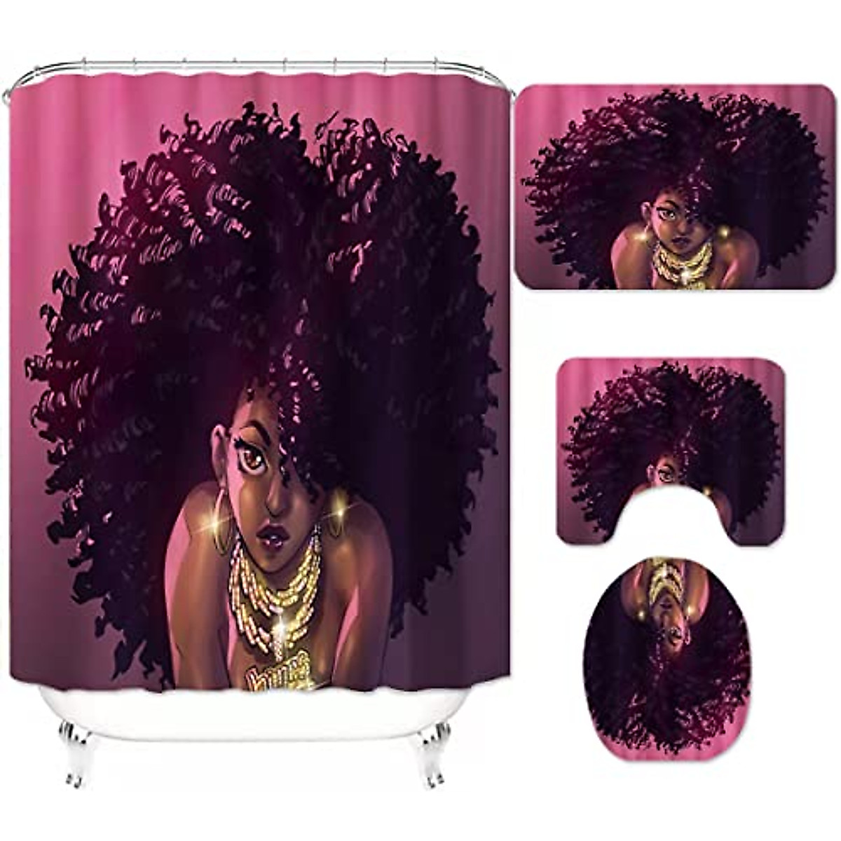 4 Pcs African American Bathroom Shower Curtain Sets with Rugs Lovely Black Girl with Shiny Necklace Shower Curtains with Toilet Lid Cover and Bath Mat Afro Black Girl Bathroom Sets with 12 Hooks