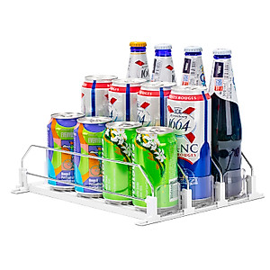 Rula Drink Organizer for Fridge, Self-Pushing Soda Can Dispenser for Mini Refrigerator, Width Adjustable Water Bottle Pusher Glide, White, 3 Rows,12.2” D