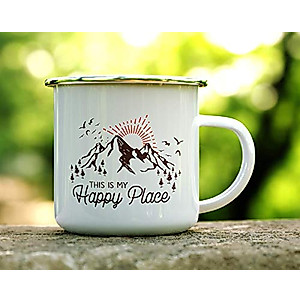 Loftipop This is My Happy Place Enamel Campfire Mug, Mountain Camping Coffee Cup, Nature Outdoor Hiking Camp Lover Gift (12oz)