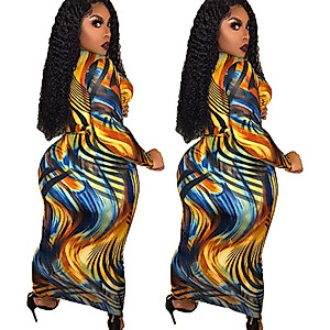 Bluewolfsea Women's Sexy Long Sleeve Printed Bodycon Mixi Dress Cocktail Party Dresses Large Brown