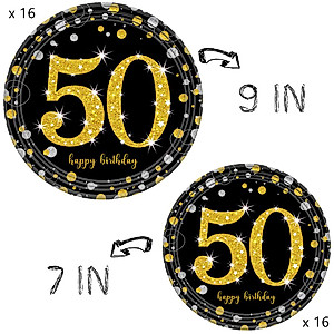 Mocossmy 50th Birthday Party Supplies and Decorations Kits - Black Gold Paper Plates&Cups,Napkins,Straws,Cutlery,Tablecloth,Happy Birthday Banner,Balloons for Women Men Birthday Party Favors,Serves 16