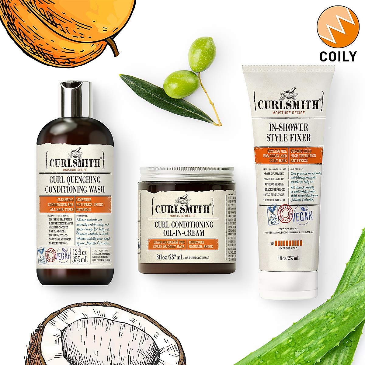 Curlsmith - Coily Wash Day Bundle, Including Curl Quenching Conditioning Wash, Curl Conditioning Oil In Cream & In-Shower Style Fixer