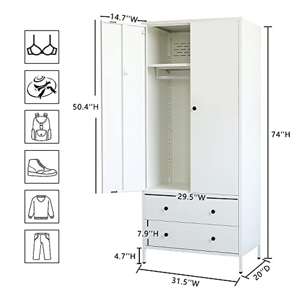 CJF Metal Storage Wardrobe with Hanging Rod, Armoire with 2 Doors and 2 Drawers，Steel Wardrobe Closet for Home, Office 74" H x 31.5" W x 20" D (White)