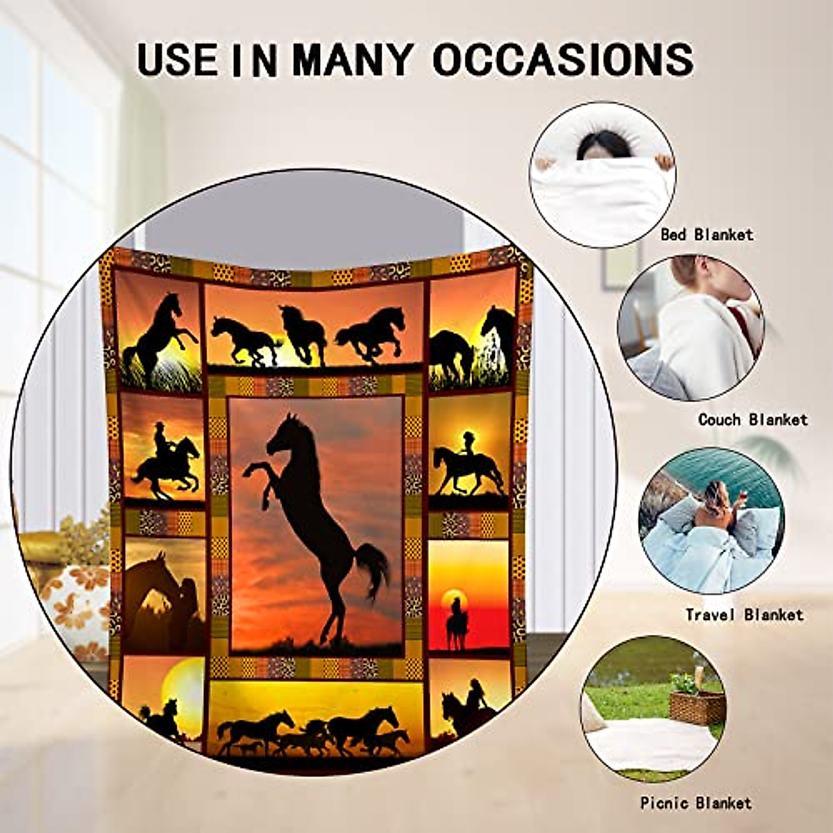 Horse Blanket Animal Print Throw Blanket 320 GSM Ultra-Soft Warm Fuzzy Plush Lightweight Fleece Blankets for Bed Sofa Travel (Twin-80x60)