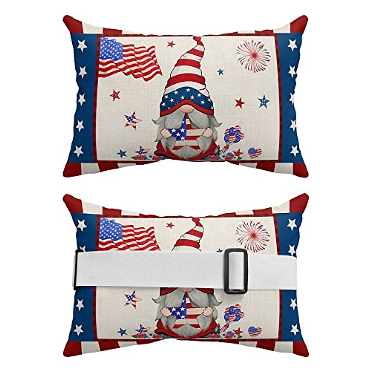 Recliner Head Pillow Ledge Loungers Chair Pillows with Insert Independence Day USA Flag Gnome Linen Lumbar Pillow with Adjustable Strap Outside Patio Decorative Garden Cushion for Bench Couch, 2 PCS