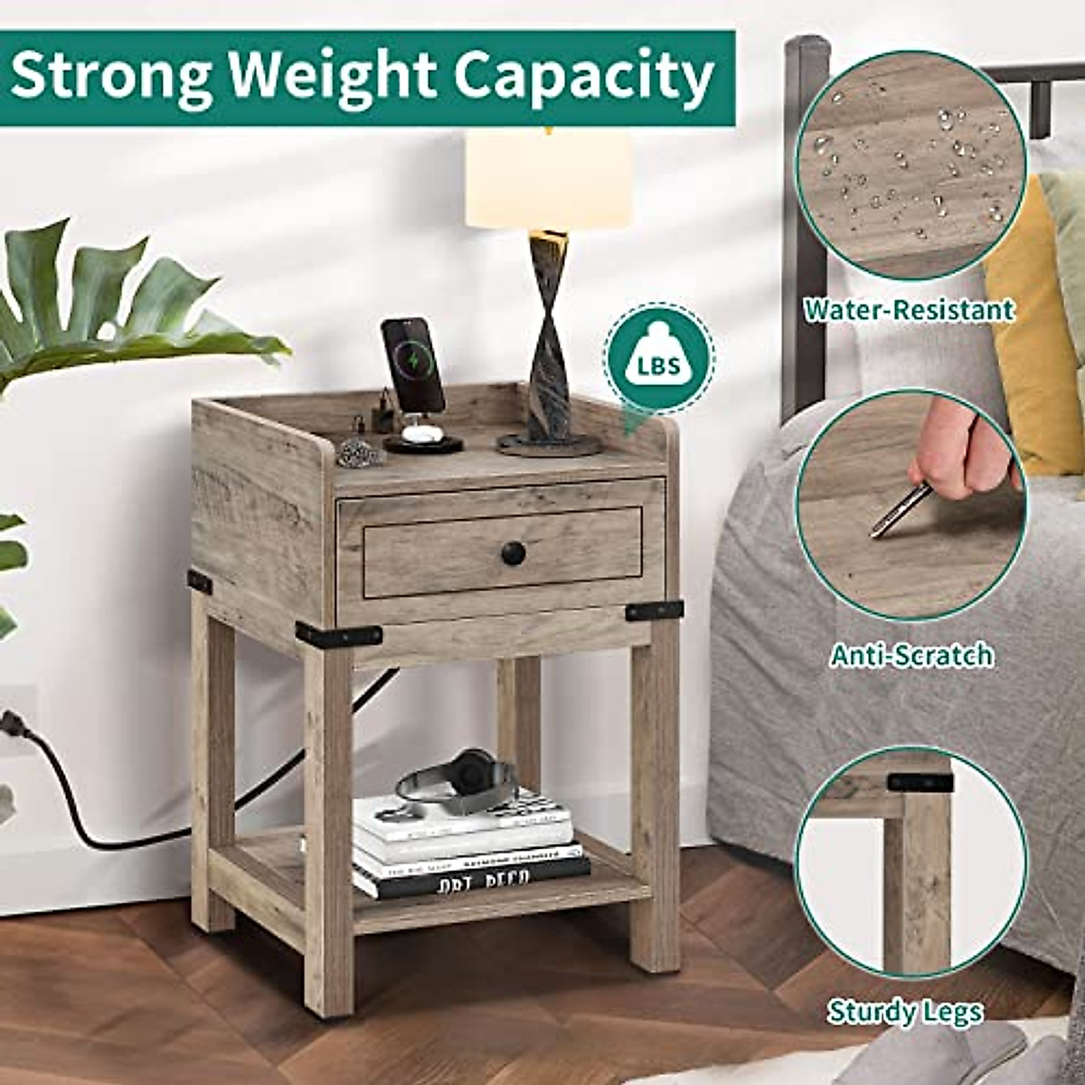 YITAHOME Farmhouse Nightstand with Charging Station, Night Stands with Drawer for Bedroom, Bedside Table with Lip for Small Space, End Side Table with USB Ports and Outlets, Set of 2, Grey