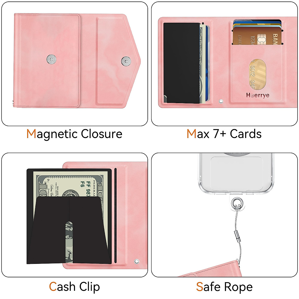 Hoerrye Magnetic Phone Wallet,3 Card Holder Hold Up to 7 Cards [Safe Rope] [Cash Clip] [RFID Blocking Protection] Magsafe Leather Wallet for iPhone 12/13/14 Series, Pink