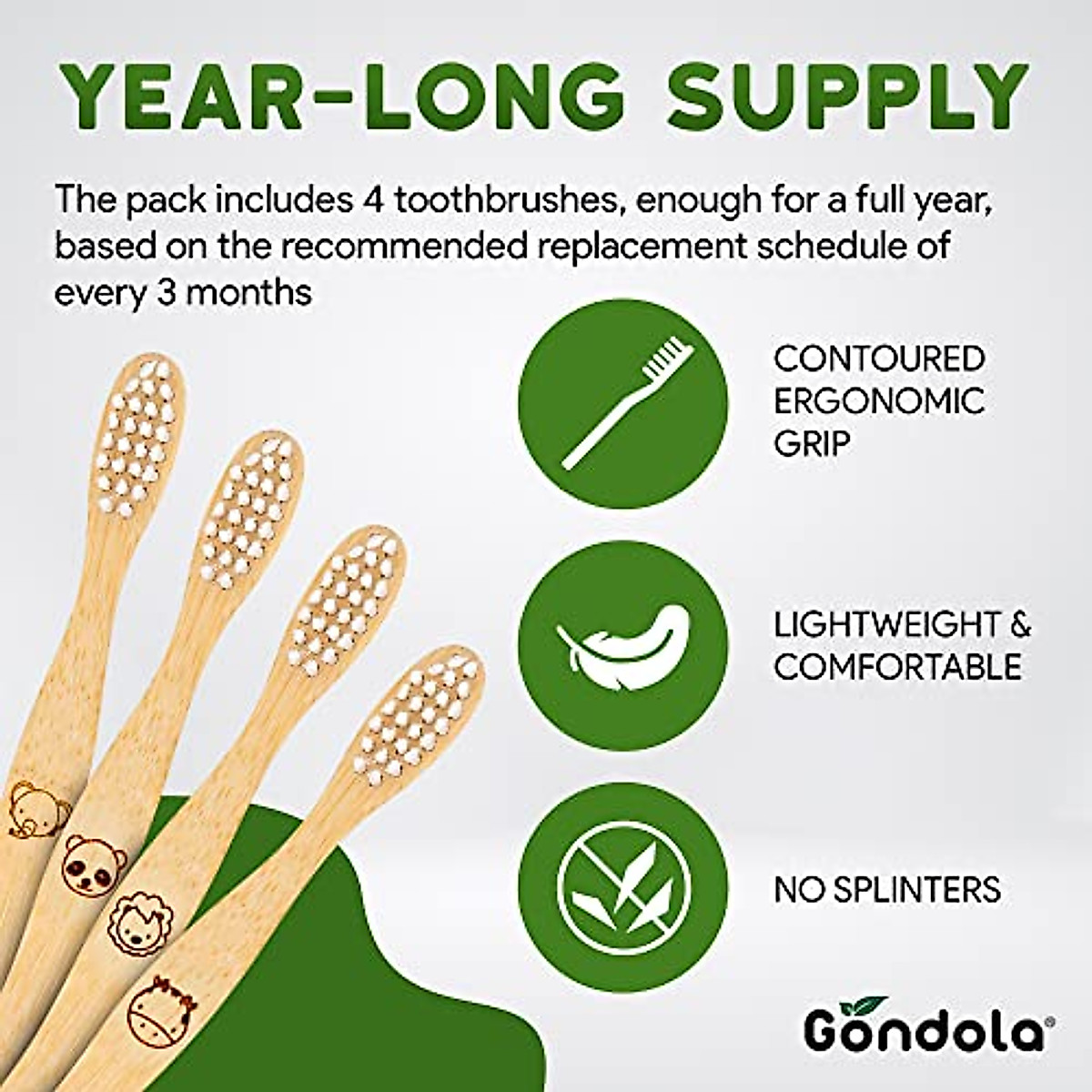 Gondola Kids Bamboo Toothbrushes Soft Bristles – Vegan Organic Eco Friendly Tooth Brush for Kids with Fun Animals Designs & Lightweight, Smooth Bamboo Handles – Zero Waste Packaging – 4 Pack
